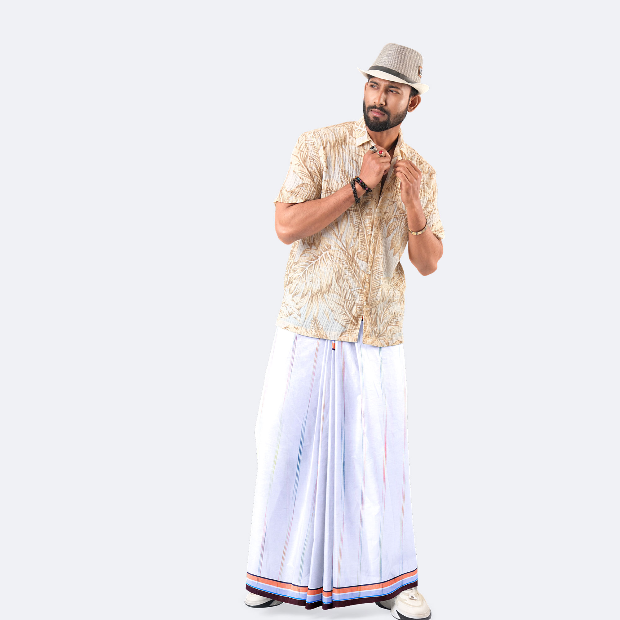 White & light pink Check Cotton Lungi - Antorik