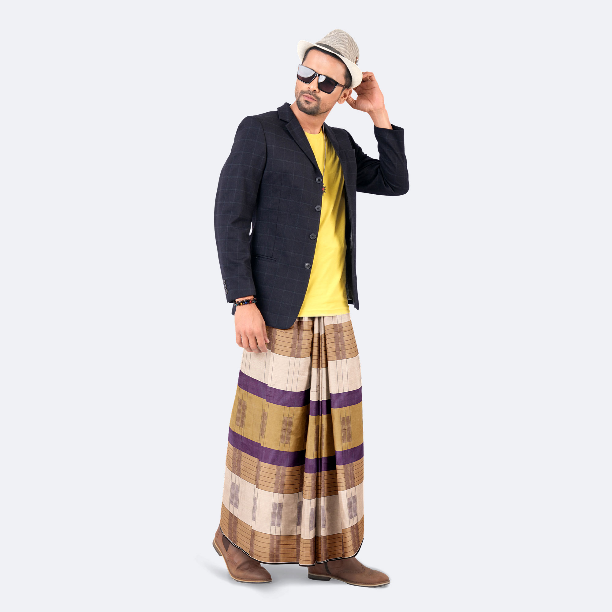 Light Brown Dobby Design Cotton Lungi - Excellent