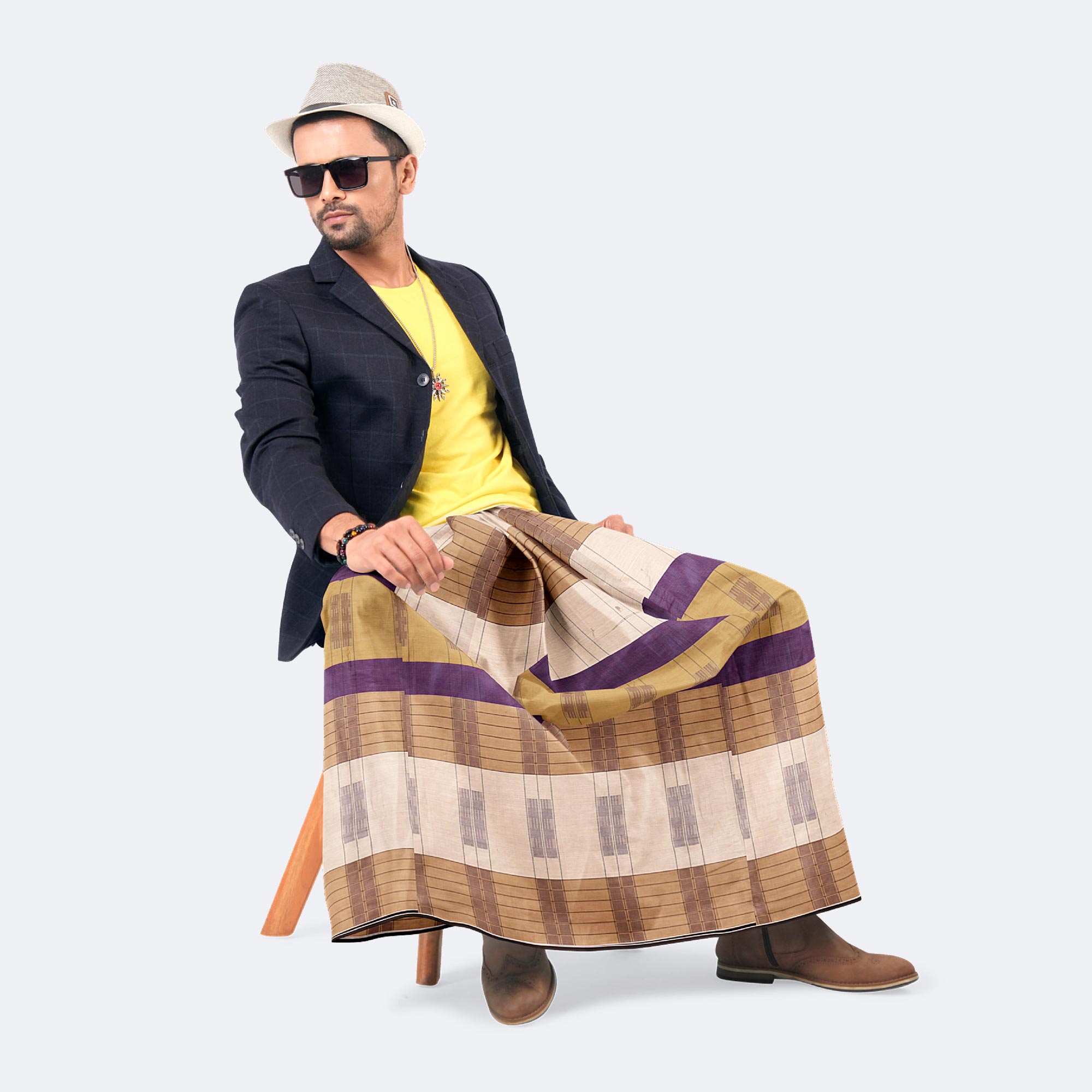 Light Brown Dobby Design Cotton Lungi - Excellent