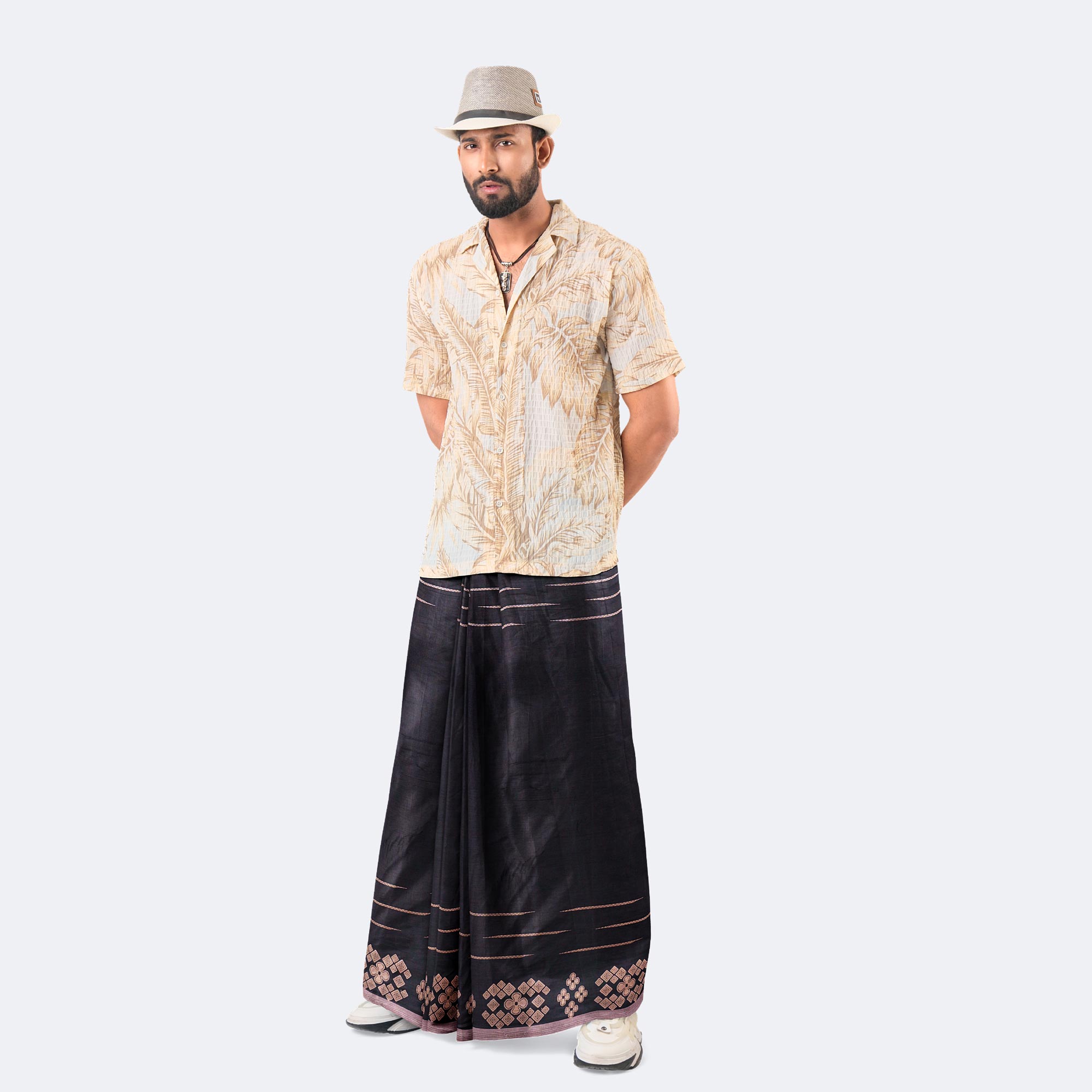 Light Brown Dobby Design Cotton Lungi - Excellent