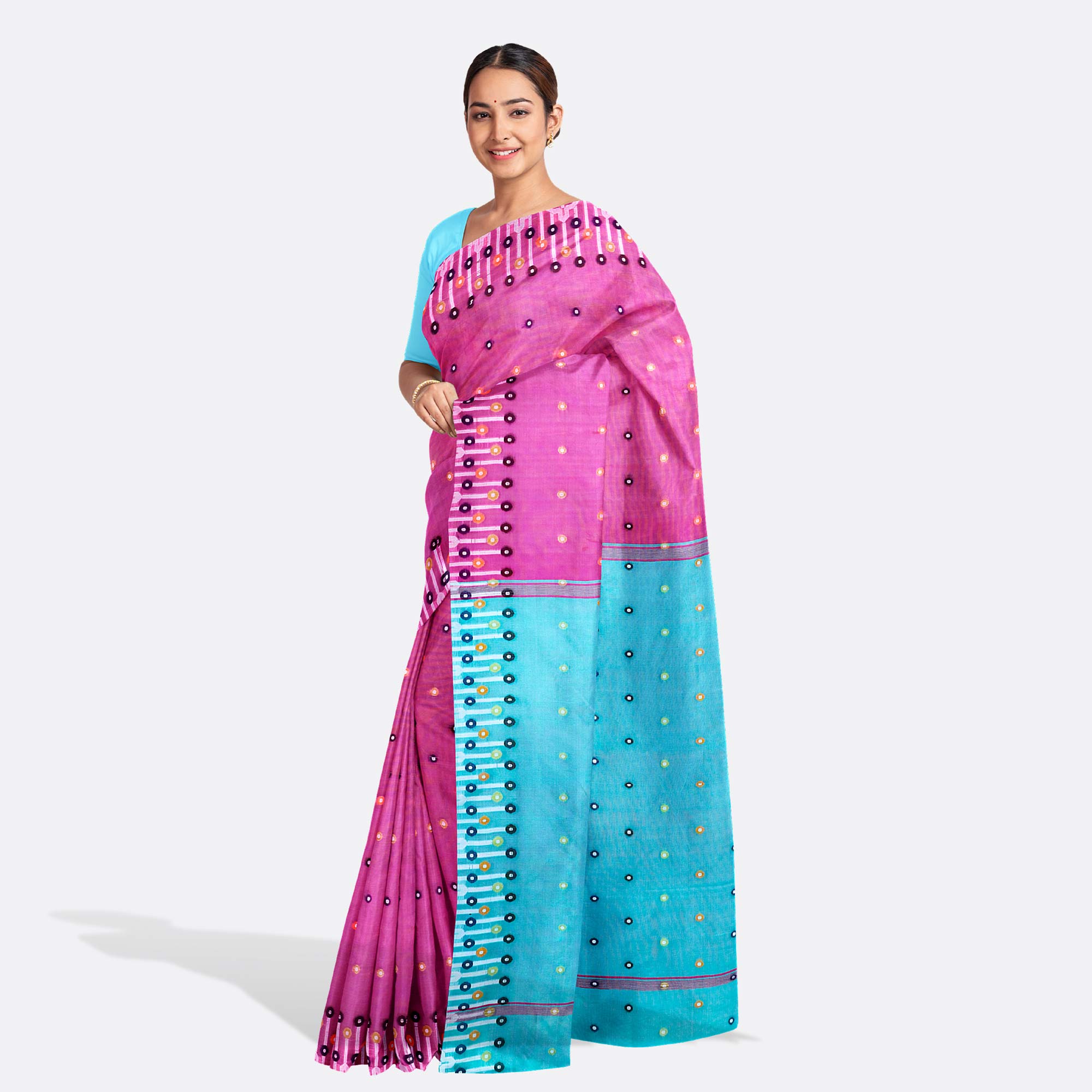 Magenta & Ocean Blue Half Silk Saree