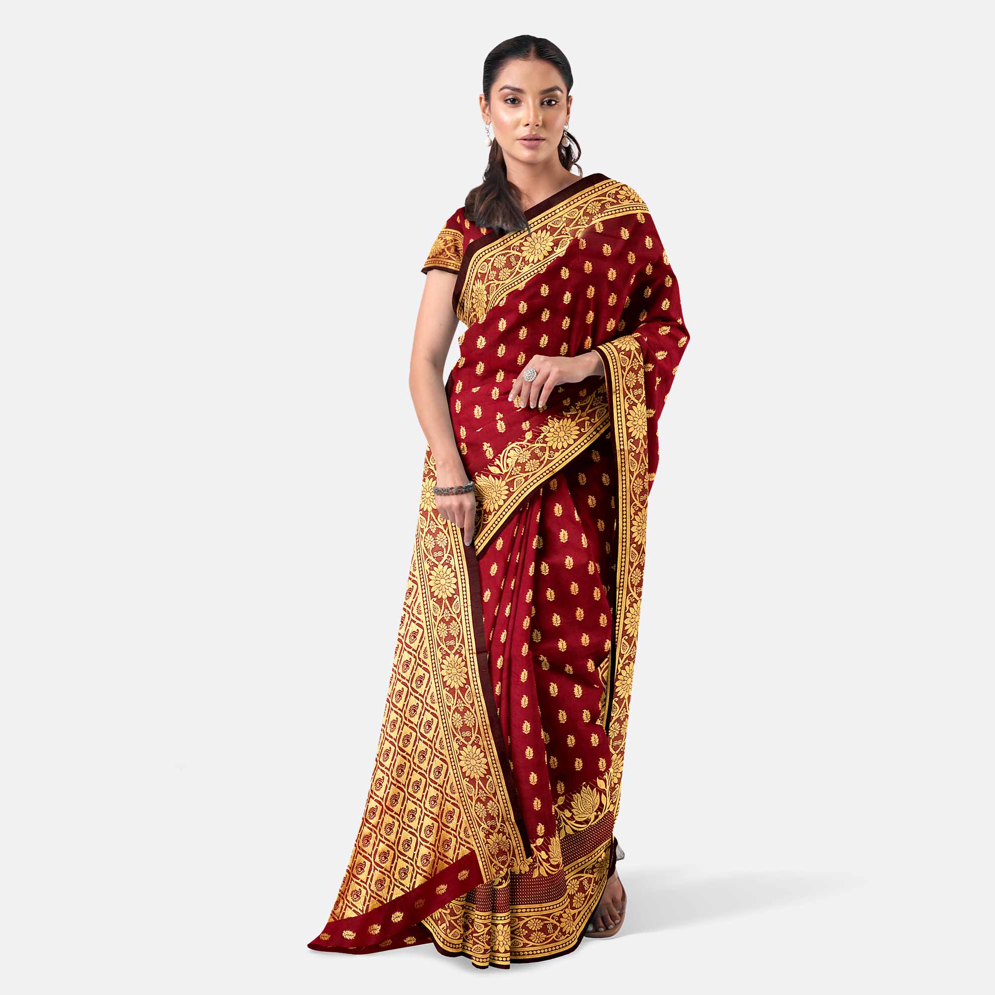 Crimson Red & Golden Katan Saree